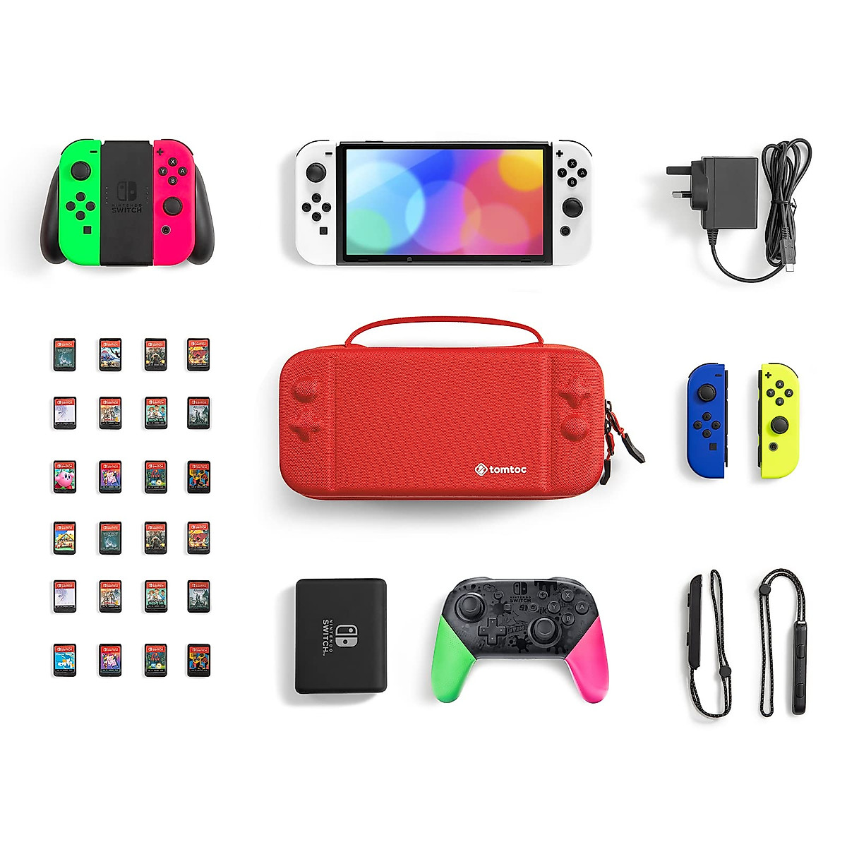 tomtoc Carrying Case for Nintendo SwitchOLED Model, Large Travel Switch Case with Pocket for Pro Controller, Joycon Grip or AC Adapter, Protective Portable Carry Case with 24 Game Cartridges,