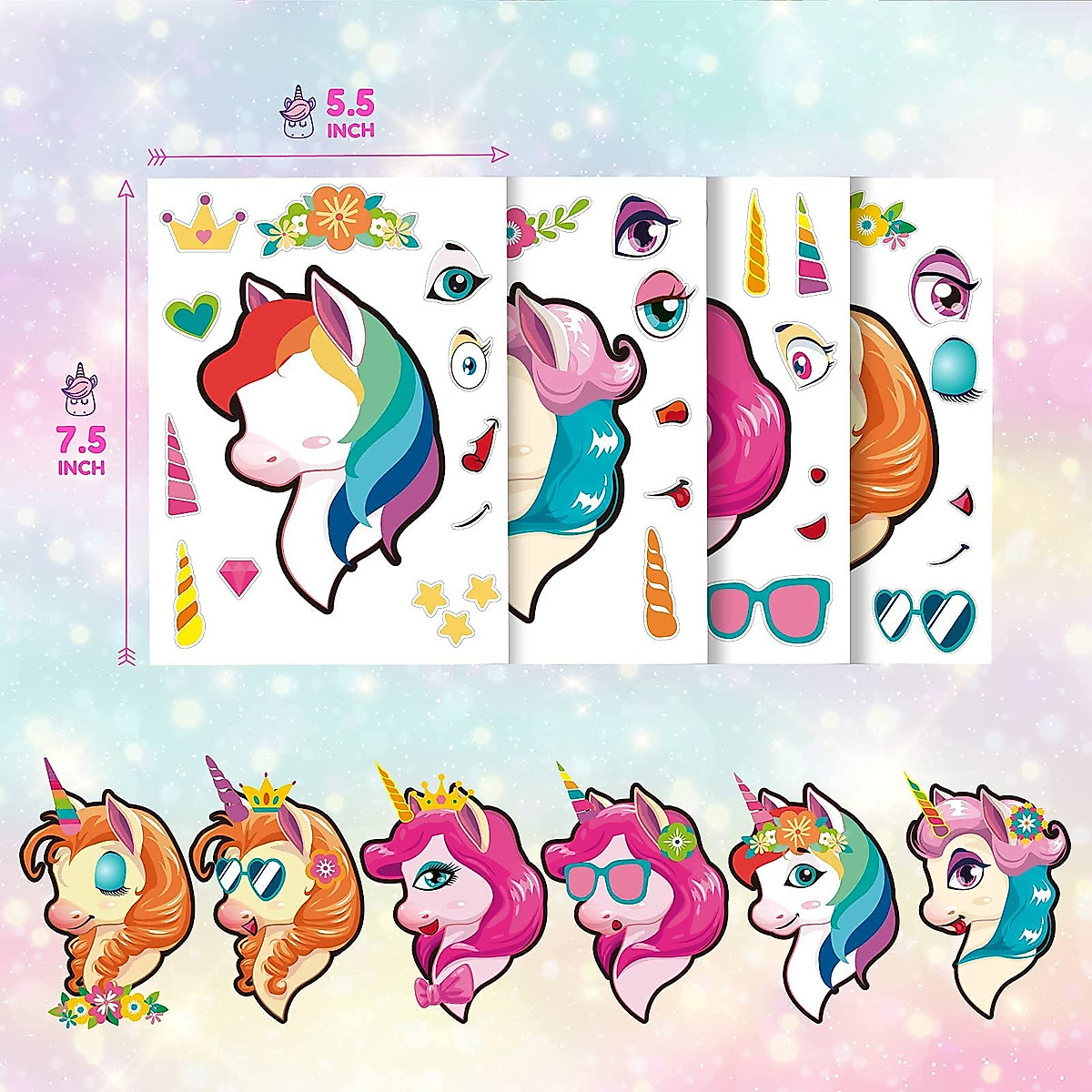 Mocoosy 48PCS Unicorn Stickers for Girls Age 4-6, Unicorn Party Favors Art Crafts for Toddlers 3-5, Make Your Own Face Stickers Birthday Game Activities, Goodie Bag Stuffers Kids Valentine's Day Gifts