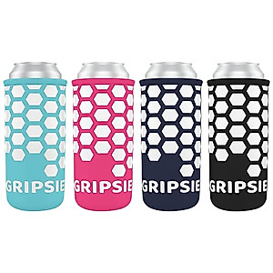 GRIPSIE 16oz Can Sleeves with Non-Slip Grip (4-Pack) Insulated Neoprene, Scuba Knit Polyester Fabric, Silicone Print Coolers for 16 Ounce Energy Drink and Beer Cans (Multicolor)