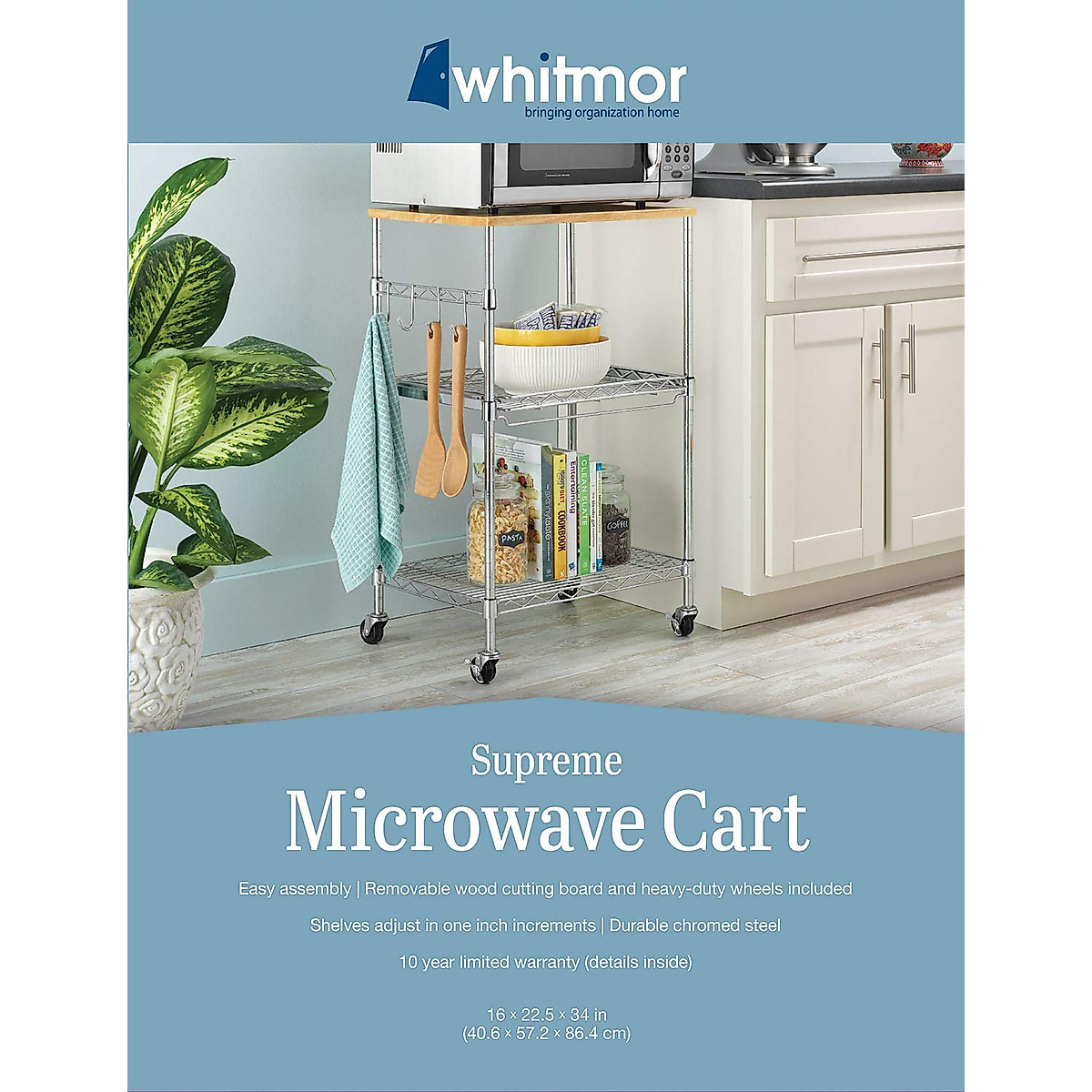 Whitmor Supreme Microwave Cart with Locking Wheels - Chrome with Food Safe Cutting Board 16 x 22.5 x 34 inches