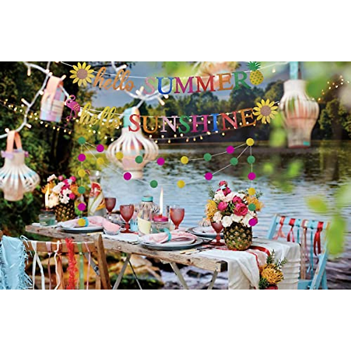 Hello Summer Banner, Glittery Hello Sunshine Classroom Decor Sign, Hello Summer Decorations for Home Office, Hello Summer Birthday Party Decorations, Sunflower Flamingo Pineapple Hawaiian Party Decor