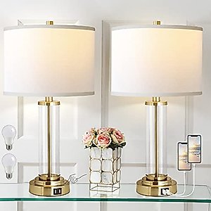 QiMH Modern Nightstand Table Lamps, Fabric Lampshade, Touch Control, 3-Way Dimmable with Dual USB Ports for Bedrooms, Bedside, Living Room, Set of 2 (LED Bulbs Included)