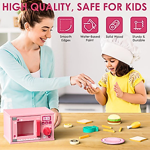 Wooden Microwave Toys Kitchen Play Set, Pretend Play Microwave with Play Food Including Hamburger Fish, Montessori Early Learning Toy Kitchen Accessories Gift for Boys Girls