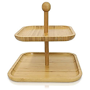 Decorative 2-Tier Square Bamboo Serving Tray with Wooden Handle - Cupcake Stand - Home Decor for Kitchen Counter, Dining Room Table, and Coffee Bar - 9.5" x 9.5" x 10"