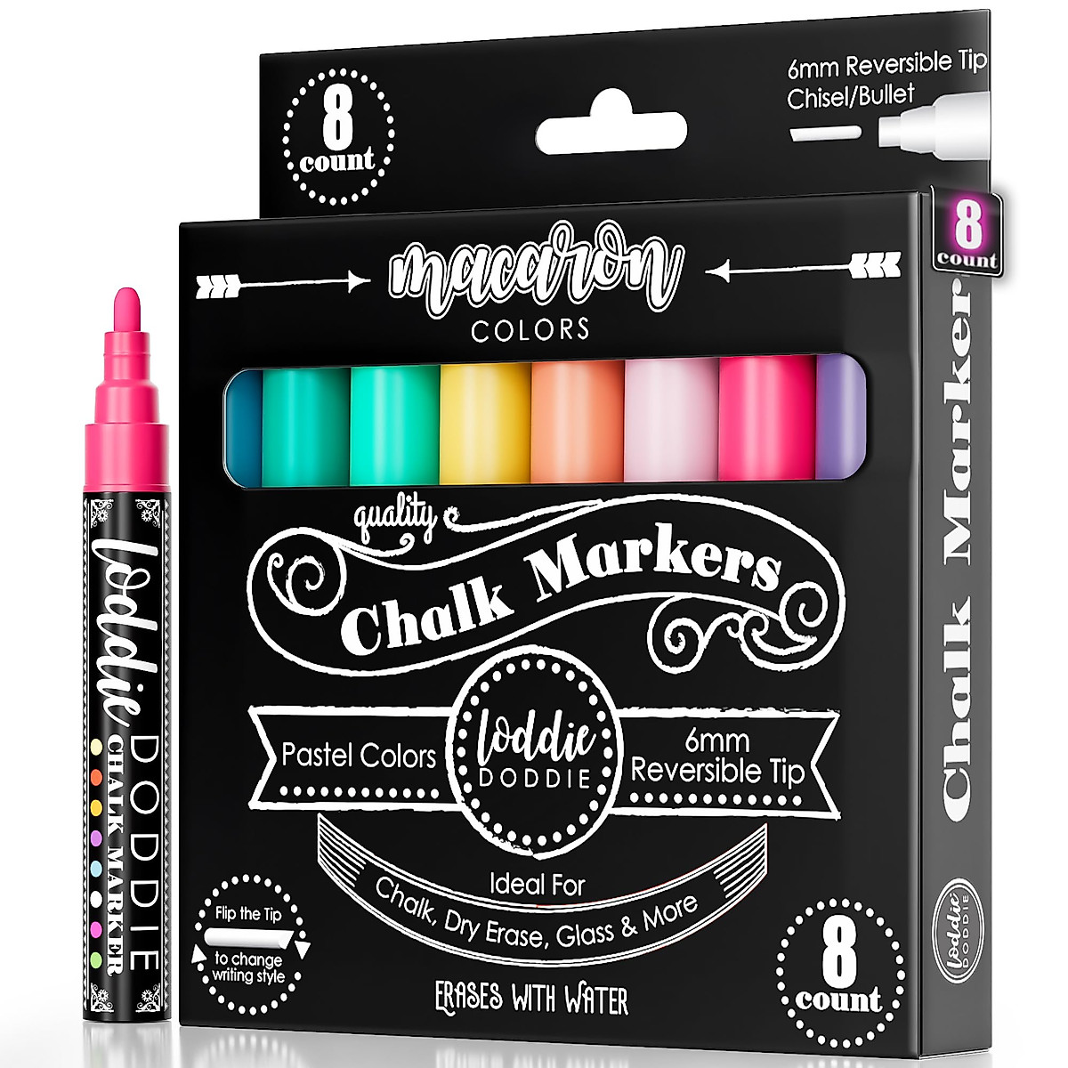 Loddie Doddie Liquid Chalk Markers for Chalkboard - 6mm Reversible Chisel and Bullet Tips, Chalkboard Markers Erasable, Macaron Pastel Chalk Pens 8 Count