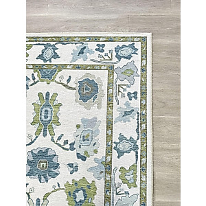 Green Oushak Rug, Modern, Vintage, Turkish, Eclectic, Floral, Pastel, Washable, Large Area Rugs for Living Room, Dining, Bedroom, Girls, Boys, 7'5"x9'8"