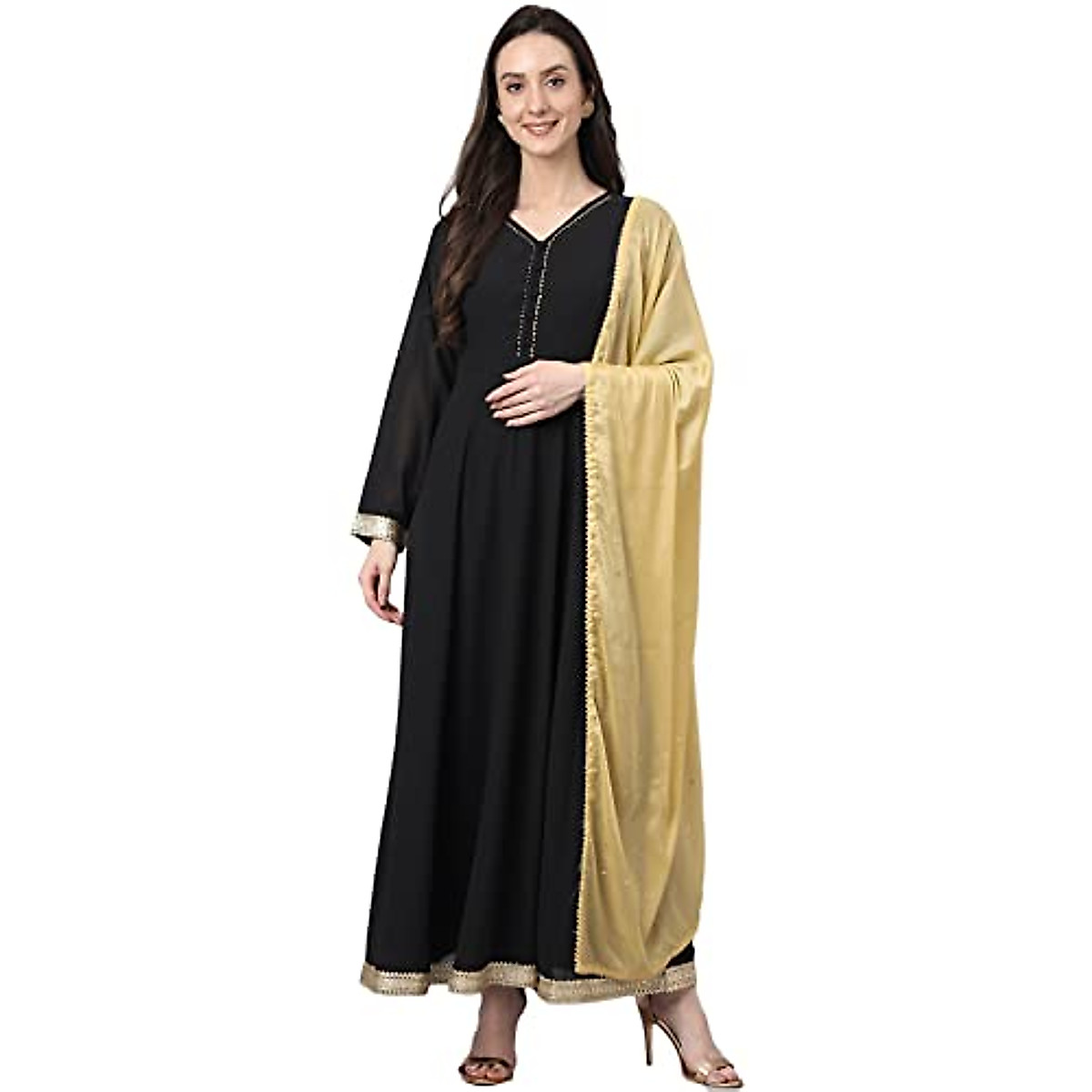 Janasya Indian Women's Black Georgette Solid Kurta with Dupatta(SET578-KR-DPT-A-L)