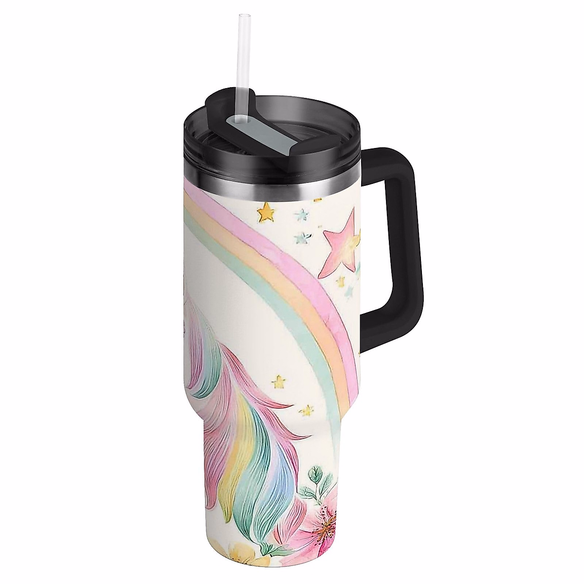 linqin Rainbow Unicorns and Flowers Vacuum Insulated Tumbler with Lid and Straw 40 oz Large Water Bottle Reusable Camp Mug for Home, Office or Car