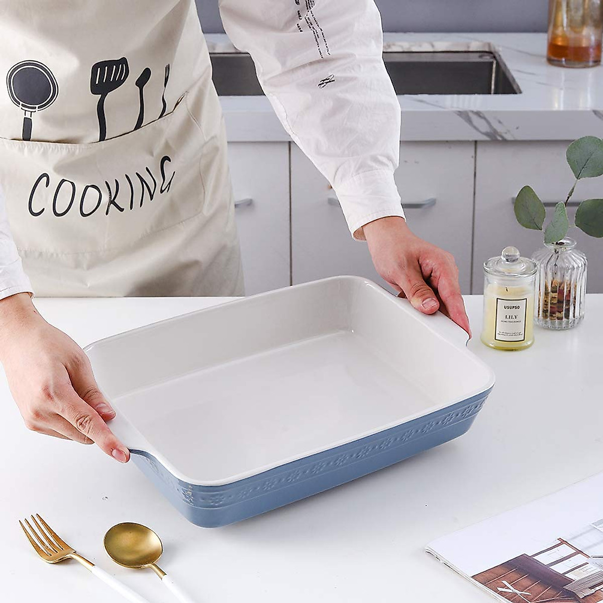 KOOV Individual Lasagne Pan Deep, Rectangular 9x13 Baking Dish, Ceramic Baking Dish, Bakeware for Tapas, Roasting, Casserole Dish for Oven, (Haze Blue)