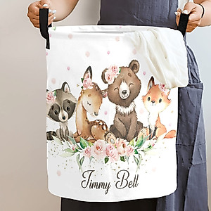 Floral Cute Woodland Animals Personalized Laundry Hamper with Handles Waterproof,Custom Collapsible Laundry Bin,Clothes Toys Storage Baskets for Bedroom,Bathroom Decorative Large Capacity 50L