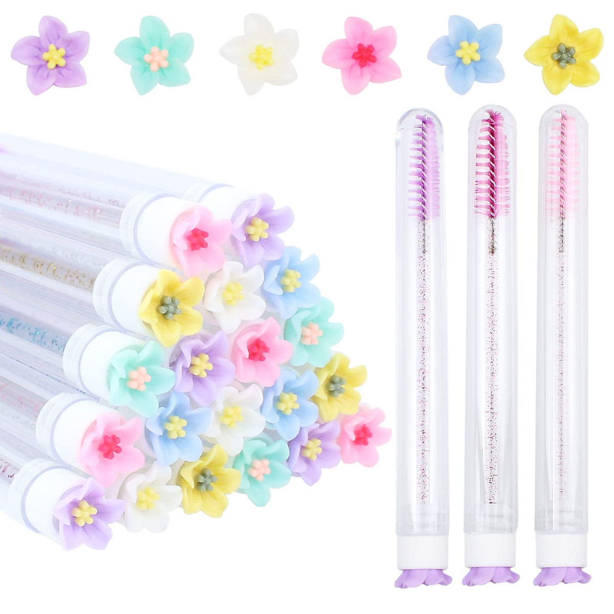 SenRocc 20 Pcs Mascara Wands Tube Set Reusable Lash Brush Rose Flower Tube Eyelash Brush Tubes Spoolies Lash Extension Brushes Applicators Makeup Tools (5-petal-MIX)