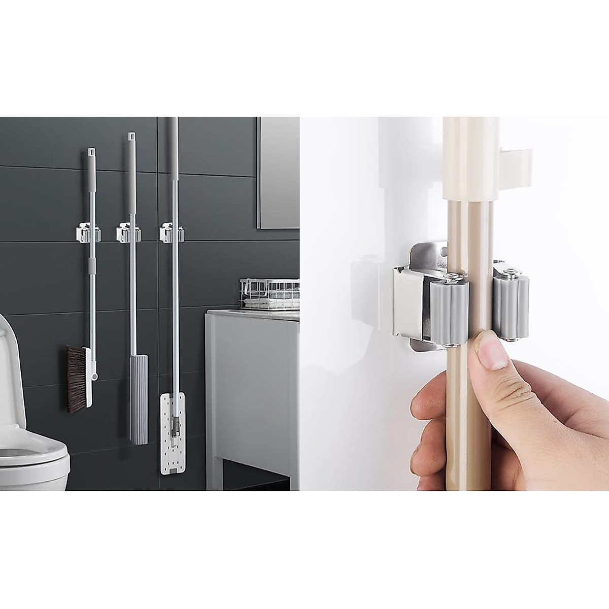 JAMEND CLXP 3PCS Broom and Mop Holder, Heavy Duty Garden Tool Organizer Rack Rake and Shovel Handle, Stainless Steel Mop Hanger. Wall Mounted Utility Rack with Screws, Silver.