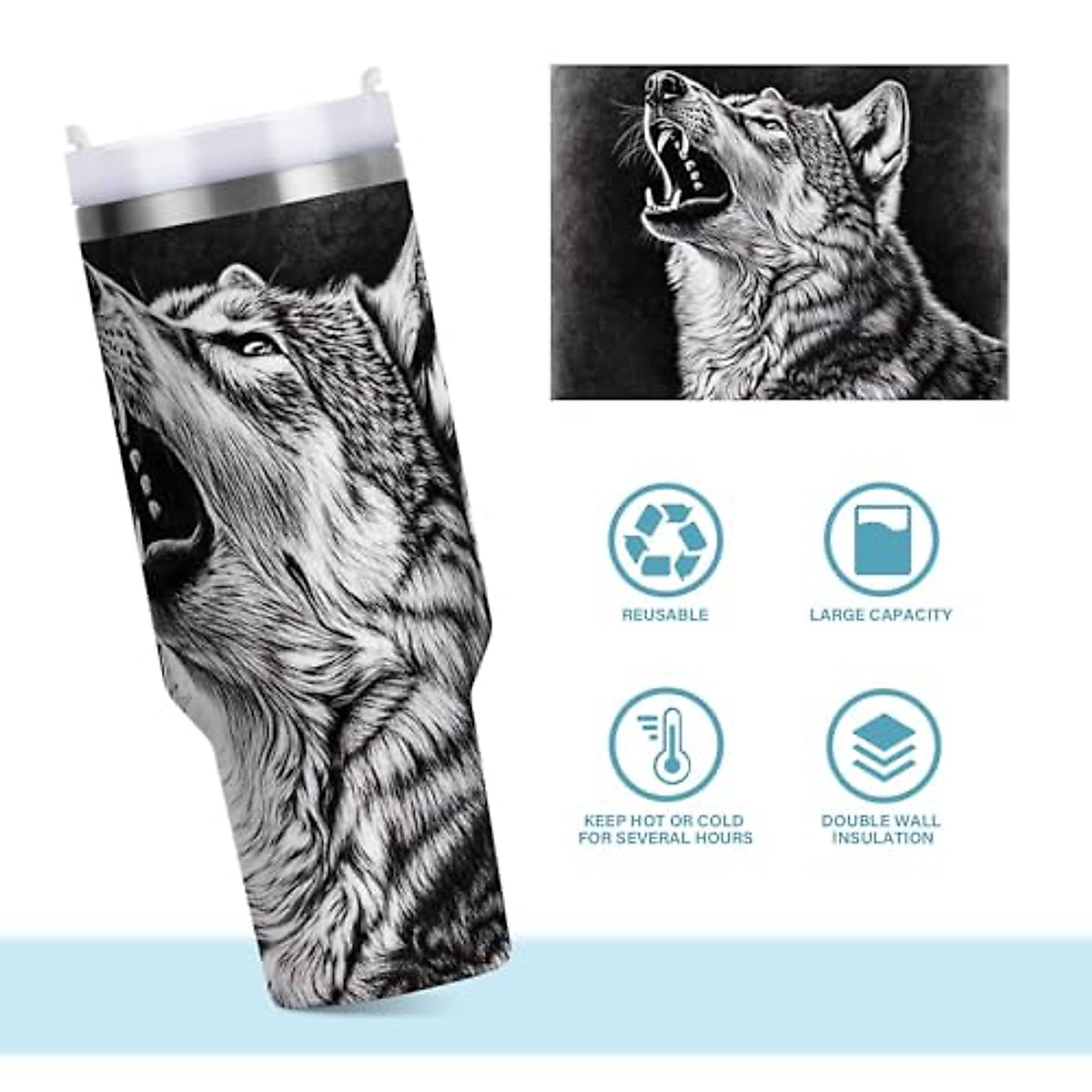 ODAWA 40oz Travel Insulated Tumblers with Handle and Straw, Black White Wolf Double Wall Insulated Tumbler