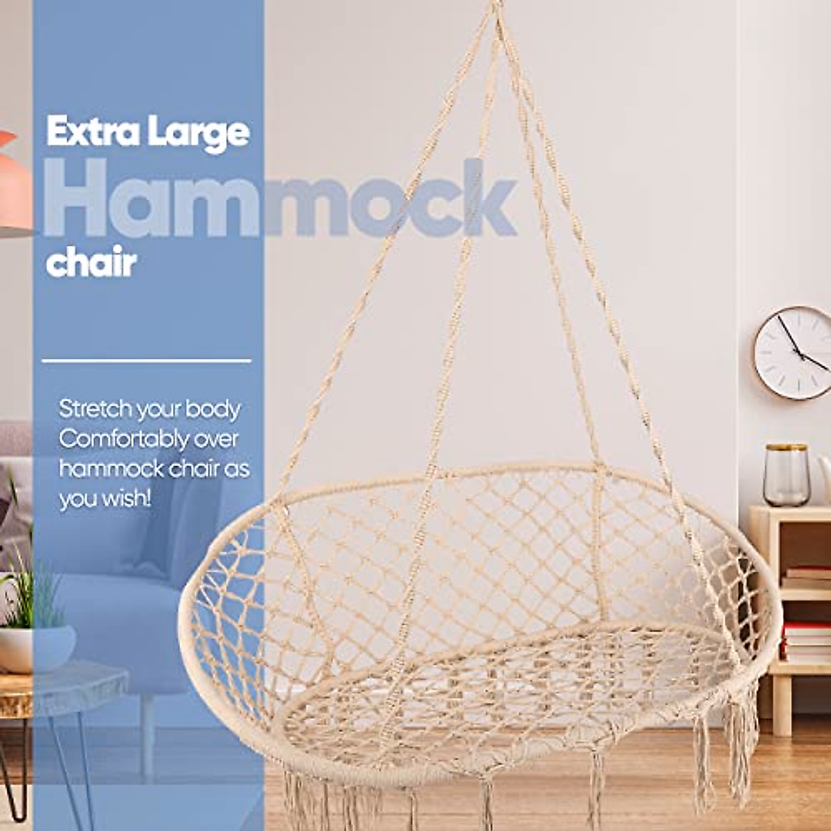 SereneLifeHome Hanging Rope Double Swing Chair, Hanging Hammock Bench, Macrame Hanging Chair, 530 lbs Capacity, Durable, Cotton Woven Swing Chair, Indoor & Outdoor (White)