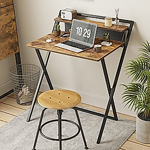 CubiCubi Small Folding Computer Desk 30 Inch with Shelf and Storage Bag, No Assembly Required, Home Office Writing Desk, Small Study Table, Rustic Brown