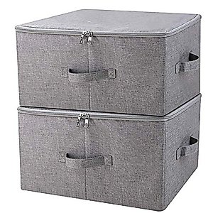 iwill CREATE PRO Folding Storage Box with Zip Lid and Handles, Storage Basket With Linen Fabric, Closet Shelf Drawers,Dark Gray, 2 pcs