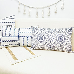 Slow Cow Linen Embroidery Decorative Lumbar Throw Pillow Cover Pillowcase Rectangular Pillow Cover Cushion Cover for Bed Couch Sofa 12 x 20 Inches Navy Blue