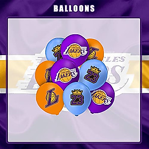 Lakers 24 Birthday Party Supplies for Men Boys Adults Kobe Bryant and Lebron James Basketball Game Theme Party Decorations Including Plates and Cups Tablecloth Backdrop Cake Toppers Backdrop