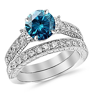 3.03 Carat 14K White Gold Three Stone Vintage With Milgrain & Filigree Bridal Set with Wedding Band & Diamond Engagement Ring with a 2 Carat Blue Diamond Center (Heirloom Quality)