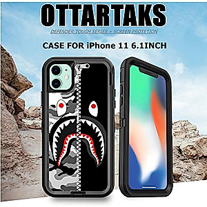OTTARTAKS iPhone 11 Case with Screen Protector, Street Fashion Full Body Rugged Heavy Duty Case for Boys Men, Shockproof 3-Layer Defender Protective Case for iPhone 11 6.1inch, Camo Shark