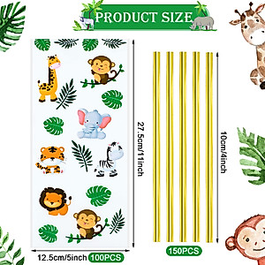 100 Pcs Jungle Animal Party Favors Bags Safari Animal Plastic Goody Treat Bags Safari Jungle Cellophane Gift Bags with Ribbons for Baby Shower Favors Jungle Theme Party Supplies for Birthday Party