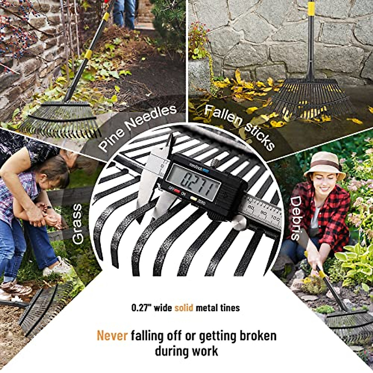 Leaf Rake for Gardening - 18" Wide Garden Rake for Leaves,25 Tines Yard Rakes for Lawns Heavy Duty,36-78" Adjustable Handle for Easy Cleaning,Metal Rake for Shrub,Grass,Detachable for Camping