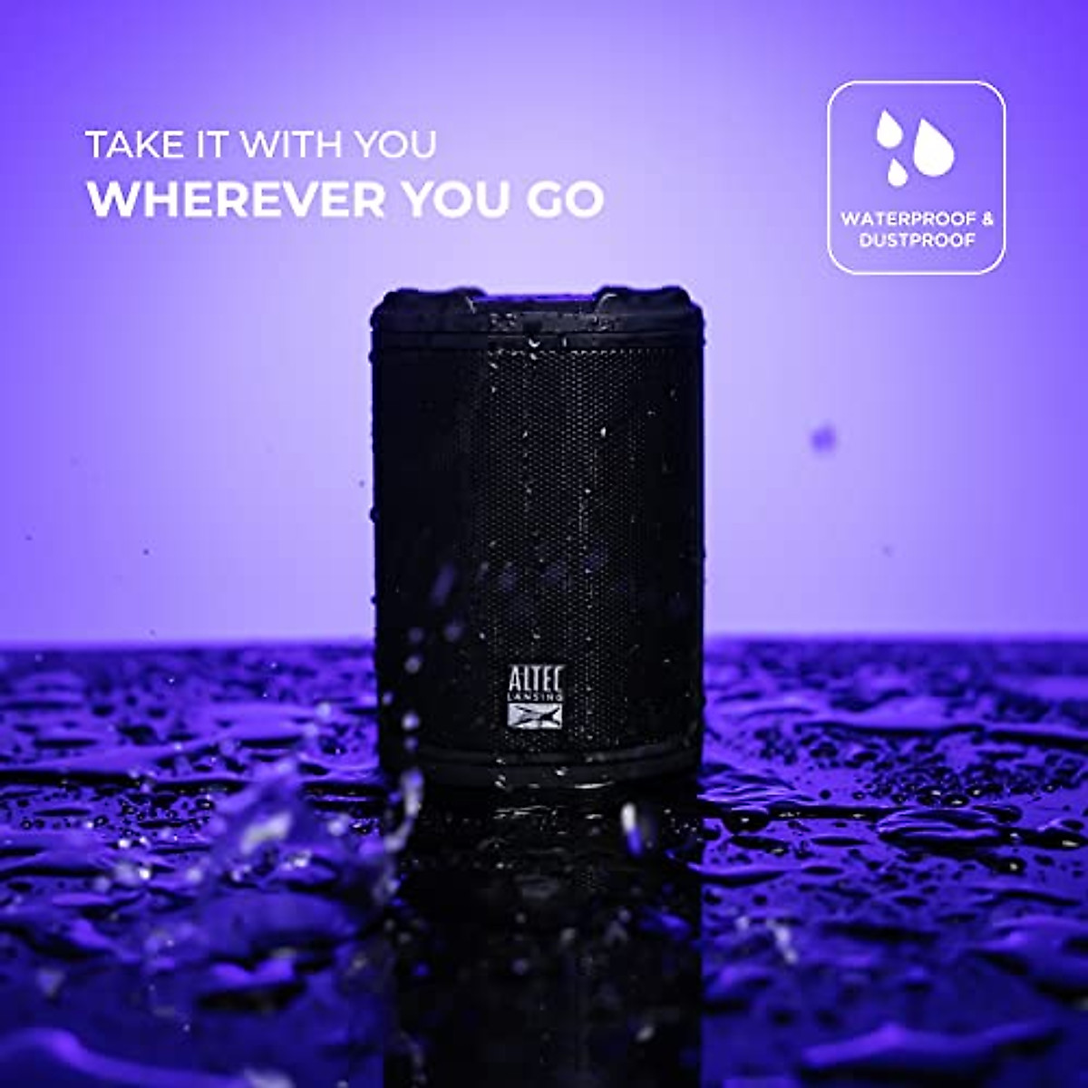 Altec Lansing HydraMotion Wireless Bluetooth Speaker with 360 Degree Sound, Portable IP67 Waterproof for Outdoors, Shockproof, Snowproof, Everything Proof, 12 Hour Playtime (Black)