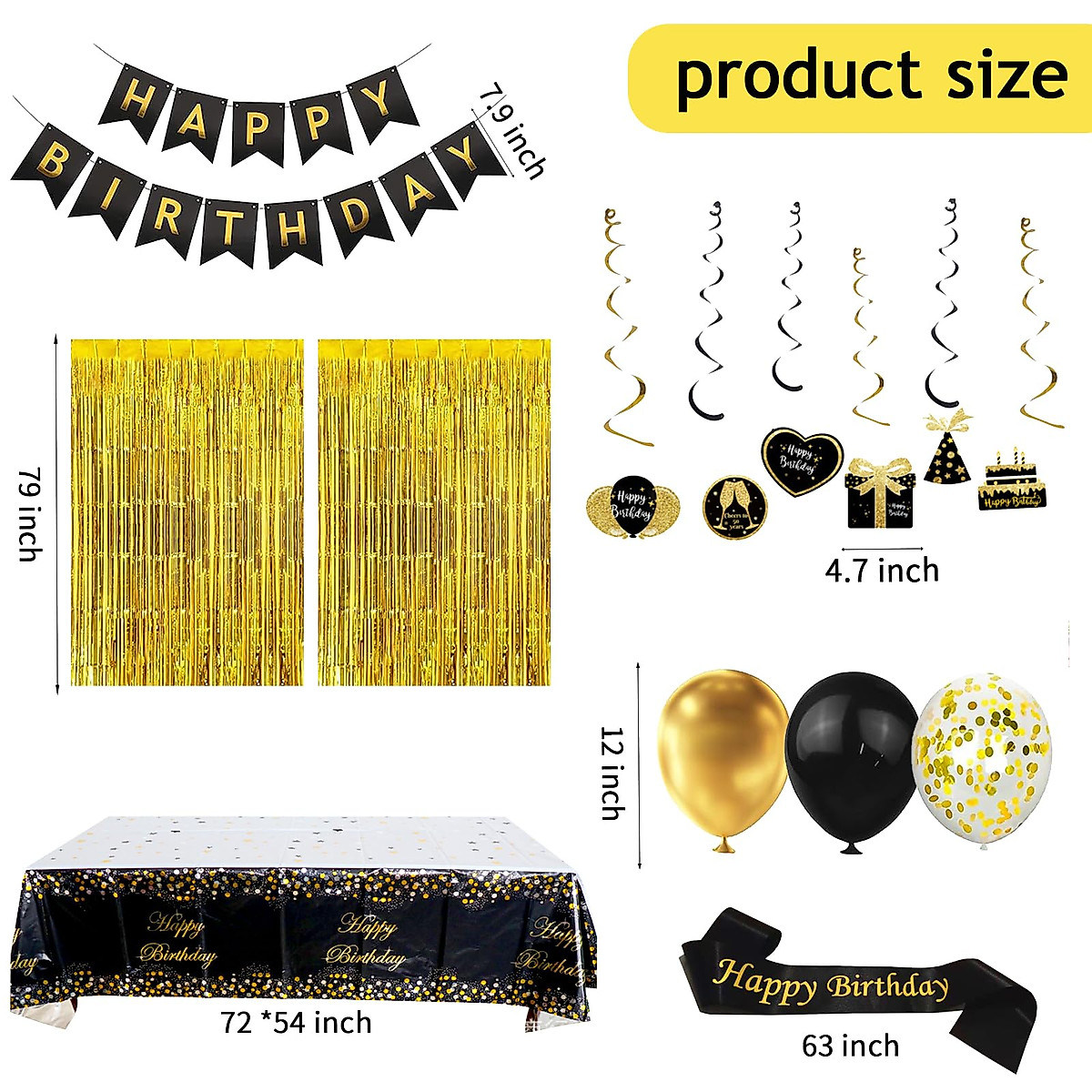 Black and Gold Birthday Decorations Black Gold Balloons Party Supplies with Banner Hanging Swirls Curtains Tablecloth Cake Toppers for Men Women Gold Black Birthday Father's Day Party Decorations