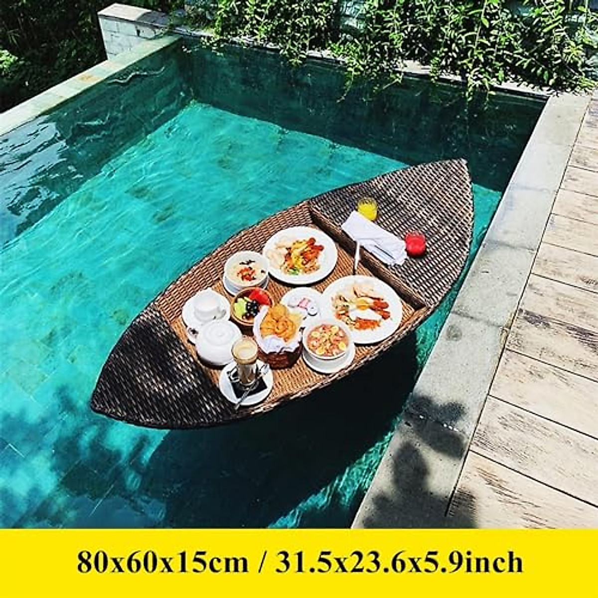 Floating Tray Floating Serving Tray Swimming Pool Rattan Woven Loating Food & Drink Holder, for Pool Serving Drinks, Brunch, Food On The Water, Brown