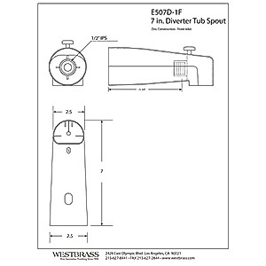 Westbrass 7" Diverter Tub Spout, Polished Chrome, E507D-1F-26