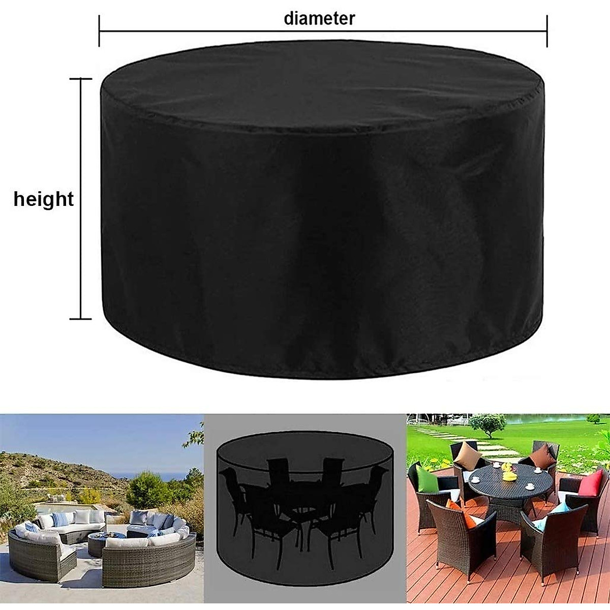 Heavy Duty Patio Table Covers,Round Garden Furniture Covers,Outdoor Furniture Protective Cover for Waterproof Anti-UV, Adjustable Hem (150x110cm,Black)