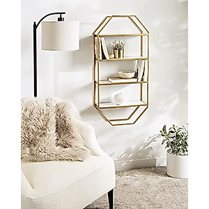 Kate and Laurel Adela Modern Octagon Wall Shelf, 18.25 x 7.5 x 41, White and Gold, Glam 4-Tier Shelf for Storage and Display