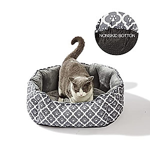 LUCKITTY 25 Inch Large Cat Bed,Soft Velvet & Waterproof Oxford Two-Sided Cushion, Easy Washable,Oval Geometric Pet Beds for Indoor Big Cats or Small Dogs, Grey Footprints Pattern