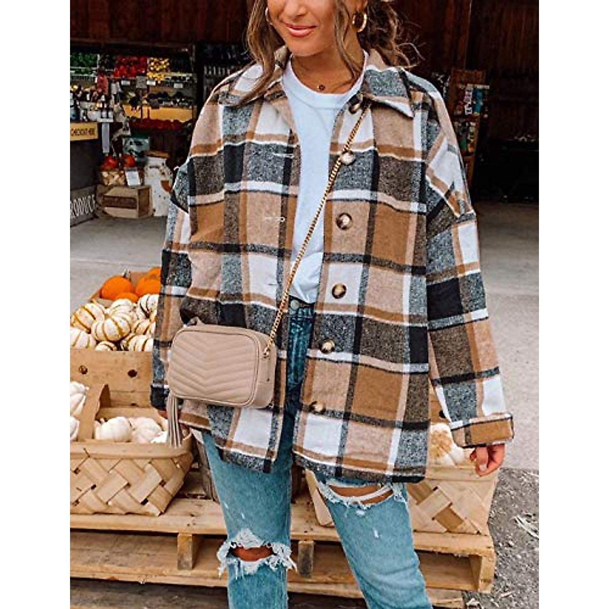 Lentta Women's Flannel Plaid Shacket Jacket Casual Fall Wool Blend Button Up Shirt Coat(Khaki-S)