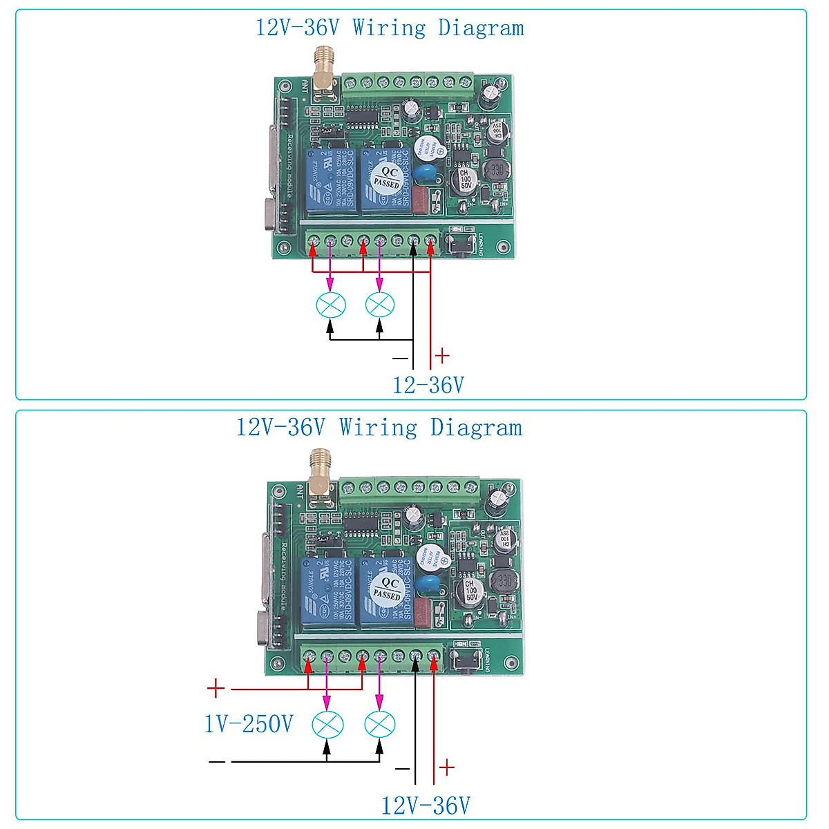 12V 24V 36V 2CH Universal Garage Door Remote Switch 433Mhz Wide Range Motor Forward and Reverse, 2 Channel Wireless Switch Garage Door keypad Universal Wireless (2X Control 433MHz)