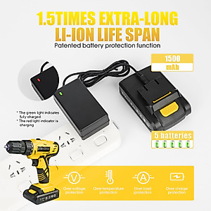 Jar-Owl 21V Cordless Drill, 350 in-lb Torque, 0-1350RMP Variable Speed, 10MM 3/8'' Keyless Chuck, 18+1 Clutch, 1.5Ah Li-Ion Battery & Charger for Home Tool Kit - Black & Yellow