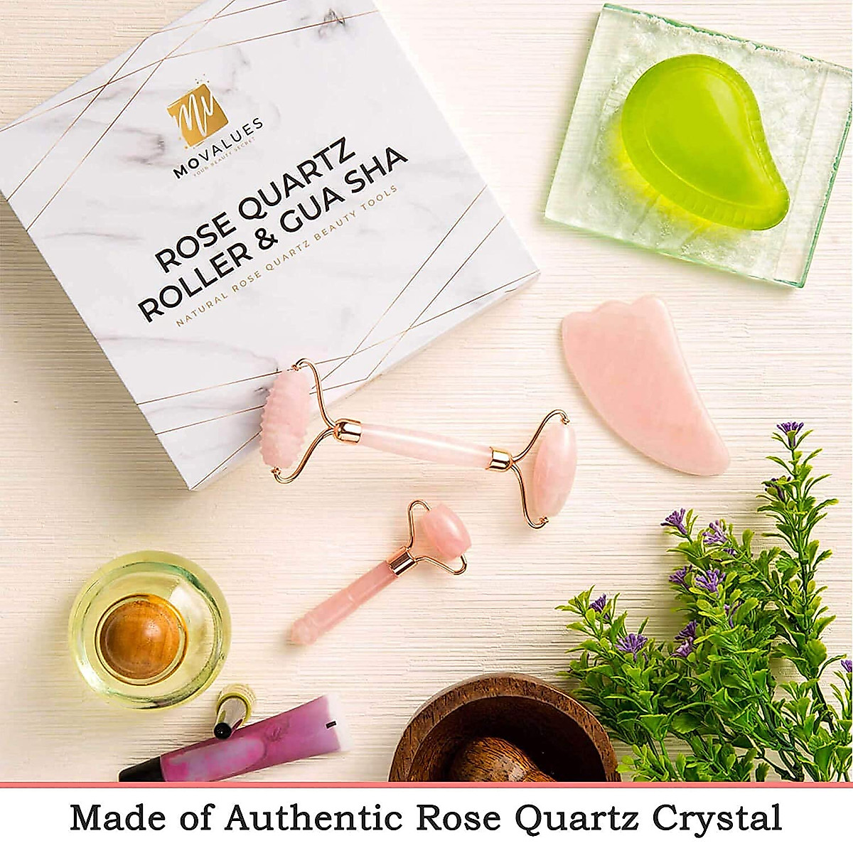 Rose Quartz Roller with Gua Sha, Mini Eye Roller set - Jade Roller for Face - Face Roller 100% Natural Authentic Crystal - Face Massager, Facial Roller for Skin Care, Eyes, Neck - Tones, Firms, Depuff