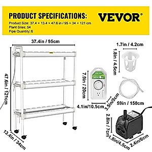 VEVOR Hydroponics Growing System, 54 Sites 6 Food-Grade PVC-U Pipes, 3 Layers Indoor Planting Kit with Water Pump, Timer, Nest Basket, Sponge for Fruits, Vegetables, Herb, White