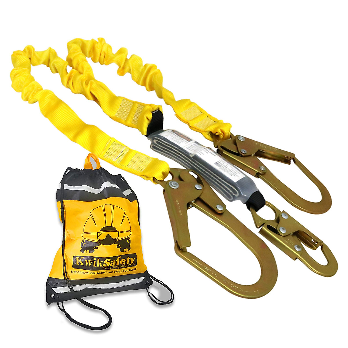 KwikSafety - Charlotte, NC - PYTHON [External Shock Absorber] Double Leg 6ft Safety Lanyard OSHA ANSI Fall Protection Restraint Equipment Snap Rebar Connectors Construction Arborist Roofing