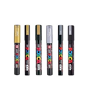 Posco Marker Sanetomo Posca Marker Acrylic Paint Pens Gold & Silver 2 Color Set Of 6 Pens PC-1M/PC-3M/PC-5M (Tip width 0.7mm/0.9～1.3mm/1.8〜2.5mm)