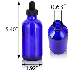 JUVITUS 4 oz / 120 ml Cobalt Blue Glass Boston Round Bottle with Black Dropper (2 Pack) + Clear Travel Bag