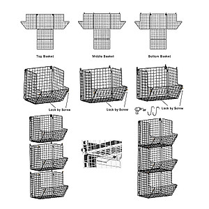 3-Tier Wall Mounted Storage Basket Foldable Organizer, Hanging Metal Wire Basket with Chalkboards, Kitchen Fruit Produce Pantry Bathroom Laundry Organization Office Garage Storage, Black