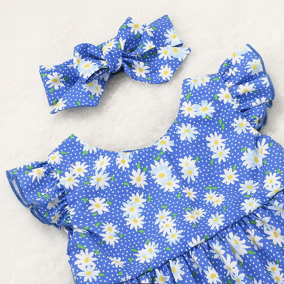 Baby Girls Clothes Blue Ruffle Short Sleeve+Baby Girl Outfits Ripped Jeans Headband Set 18-24 Months