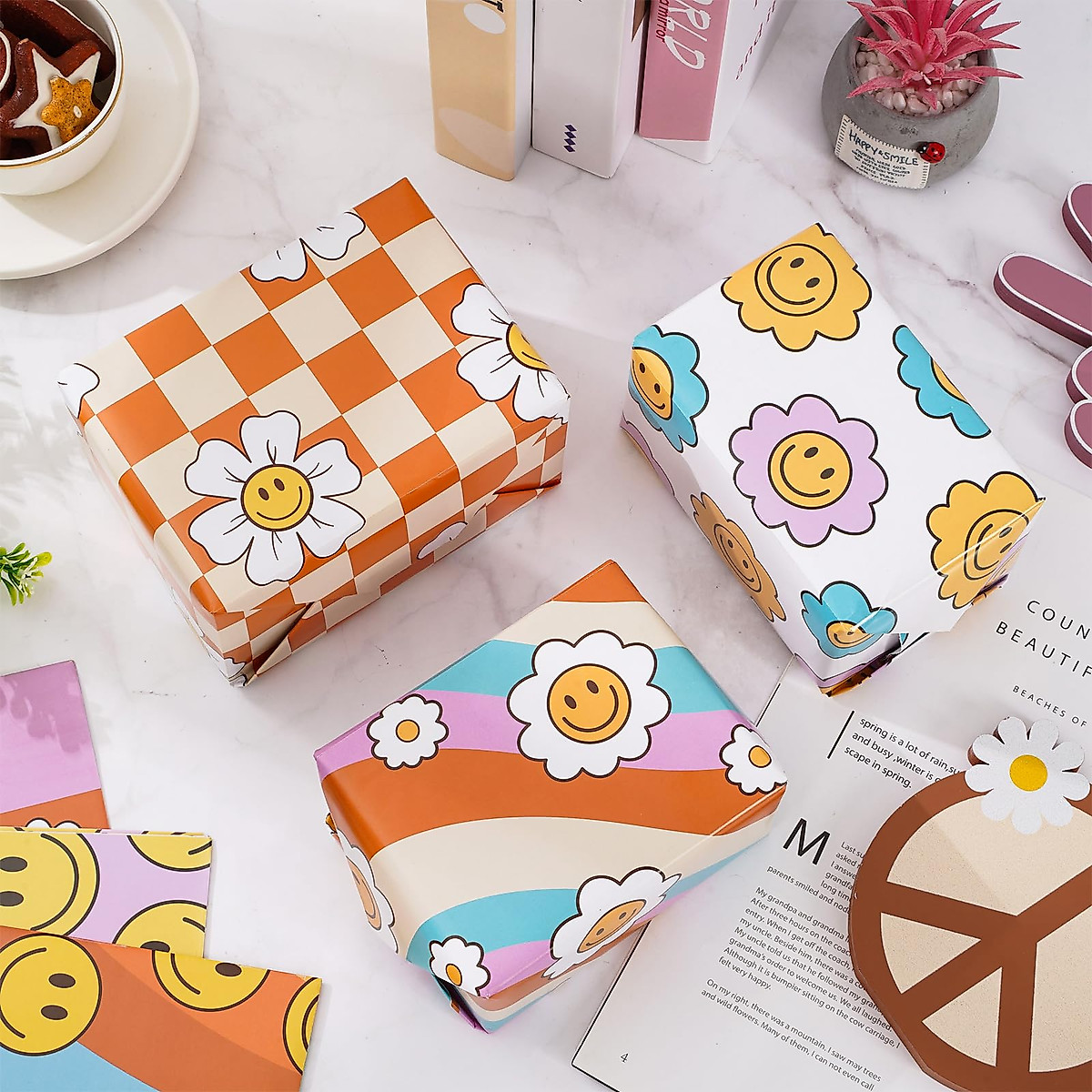 Whaline 12Pcs Retro Groovy Wrapping Paper Bright Funny Face Flower Checkered Gift Wrap Bulk Boho Art Paper Folded Flat for Baby Shower Birthday Wedding DIY Crafts Gift Packing, 19.7 x 27.6 Inch