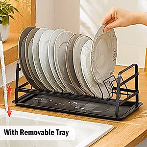Poeland Dish Drying Rack with Drain Pan, Plate Pot Lid Holder and Dish Drainer for Kitchen Counter Cabinet