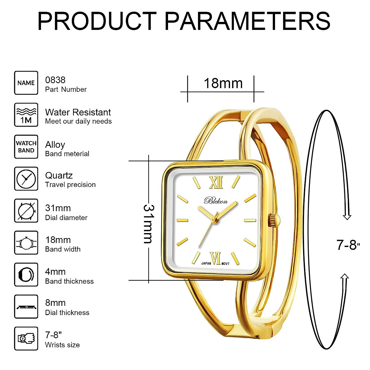 Blekon Collections Womens 30mm Square Elegant Metal Cuff Bangle Fashion Watch (Gold)