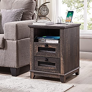 OKD Nightstand with Charging Station, 18'' Industrial & Farmhouse End Table with 2 Drawers & Open Cubby, Rustic Mesh Drawer Sofa Side Table w/Storage for Bedroom, Living Room, Office, Dark Rustic Oak