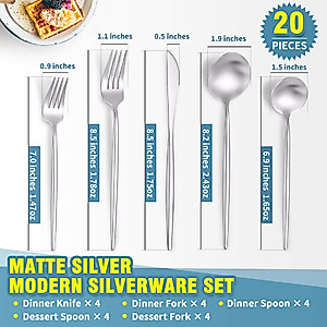 Lemeya Matte Silverware Set,Modern Stainless Steel Flatware Set,20 Pieces Cutlery Set Service for 4,Tableware Utensil Set for Home and Restaurant, Satin Finish, Dishwasher Safe