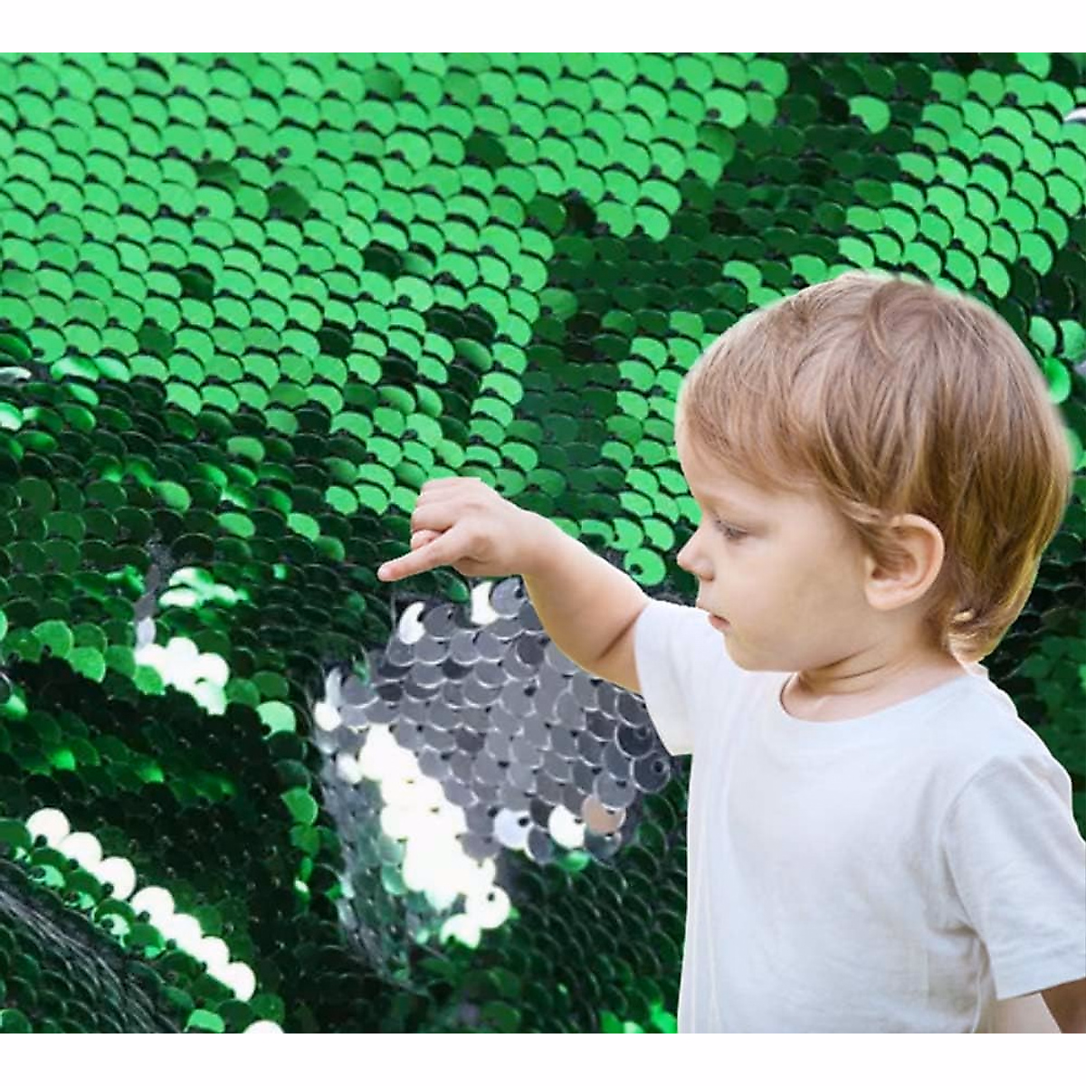 Sequin Fabric Sensory Wall 5mm High Density Reversible Sequin Fabric for Kids Fabric by The Yard （1 yd, Green to Silver