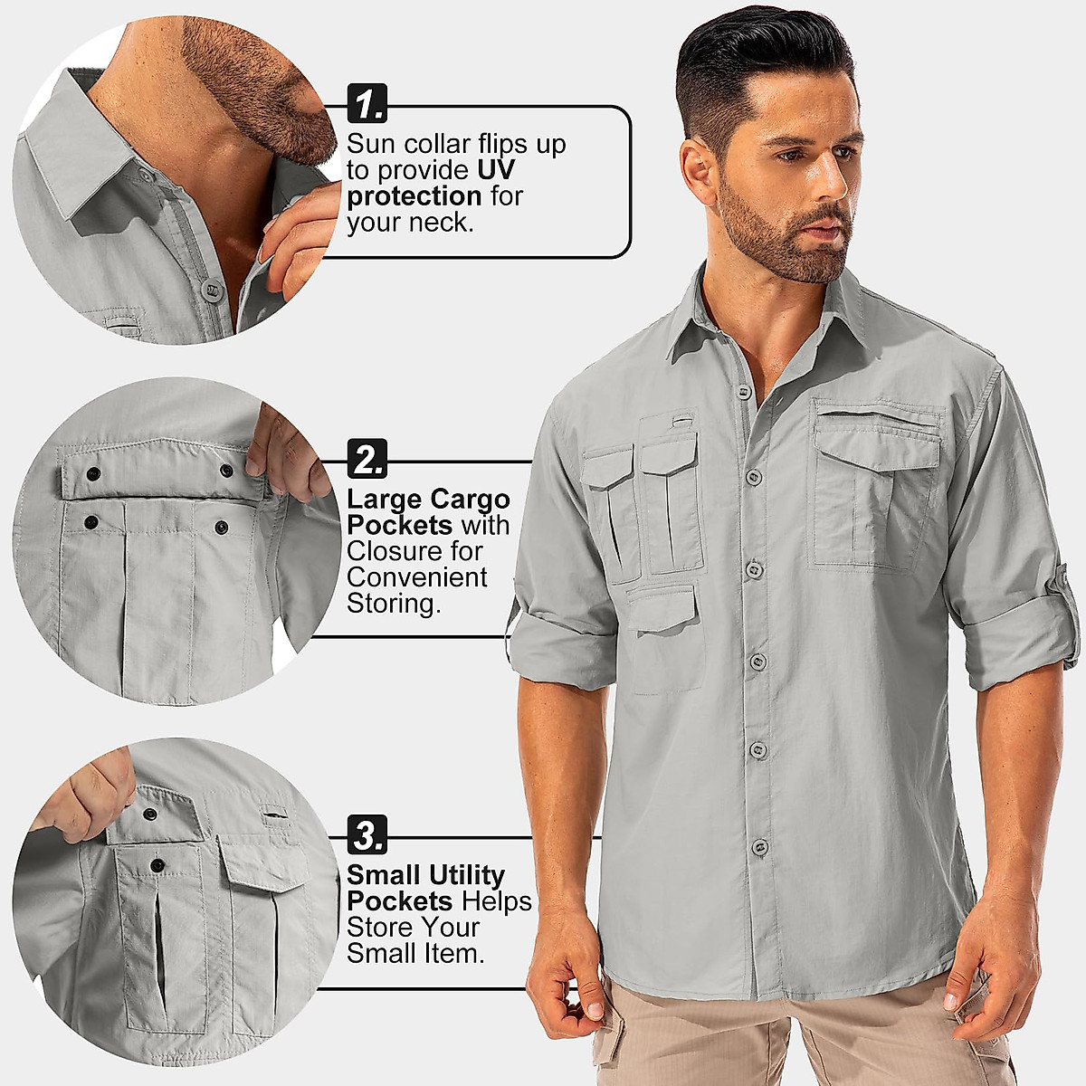 Mens Safari Shirt Fishing Hiking Clothes SPF 50 Sun Protection Long Sleeve Outdoor Quick Dry Vented Breathable Cool Utility Cargo Shirts (5068 Light Grey 3XL)
